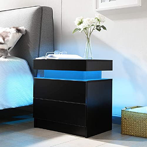 Melon Studio LED Nightstand with Drawers - Stylish Smart Bedside Table with 2 Drawers for Bedroom, Home - Mesa De Noche para Dormitorio - Wooden Nightstand Light RGB with Remote Control - Black