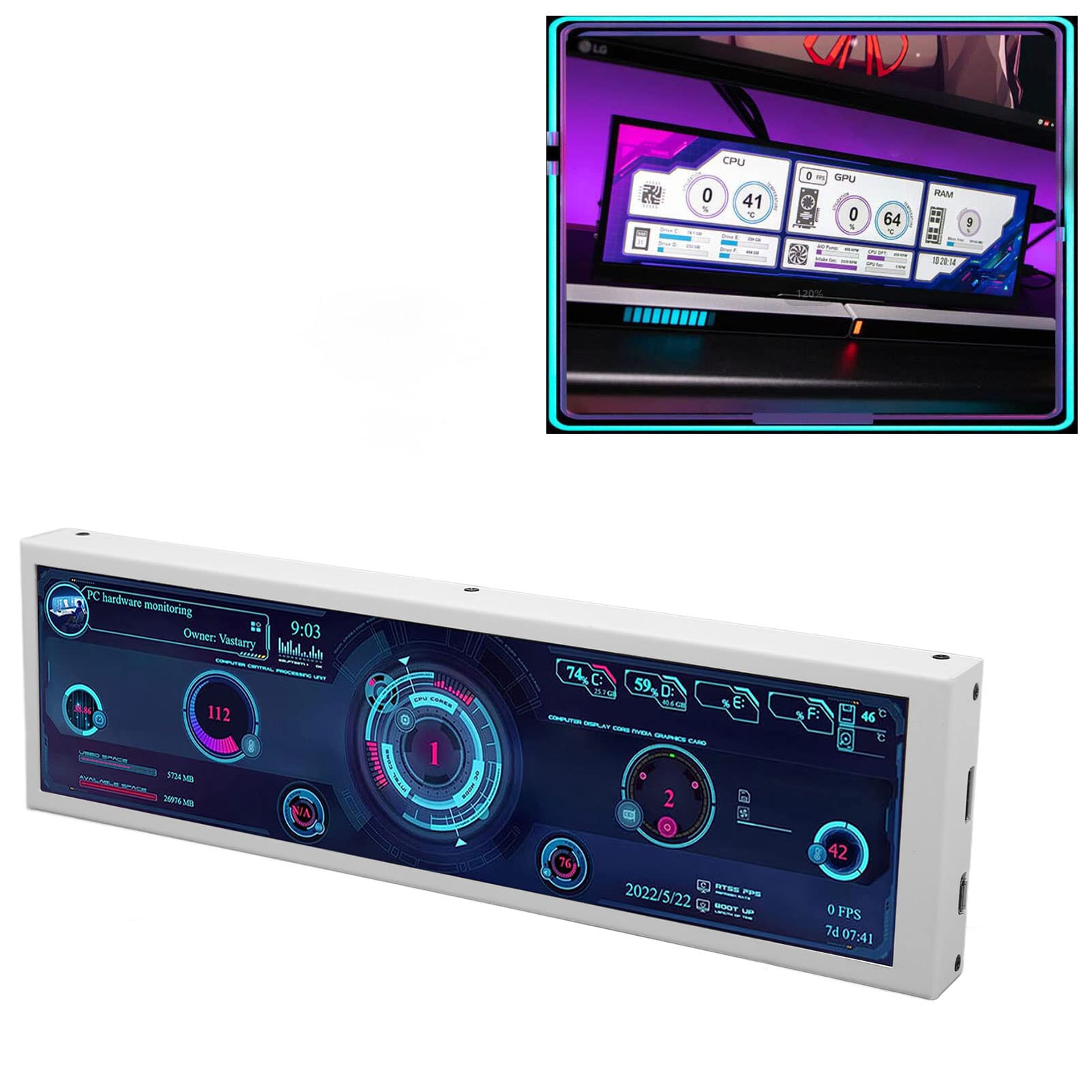 EBTOOLS 8.8in Computer Temp Monitor, 1920x480 60Hz IPS USB Mini Screen, PC Temperature Display, PC Sensor Panel Display, for Rasp Pi, for Linux, for Windows
