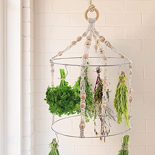 Gecorid Boho Drying Rack | Macrame Flower Drying Rack with 15 Hooks - Kitchen Decor Dryer Hangers for Drying Air Plants Spices Flowers