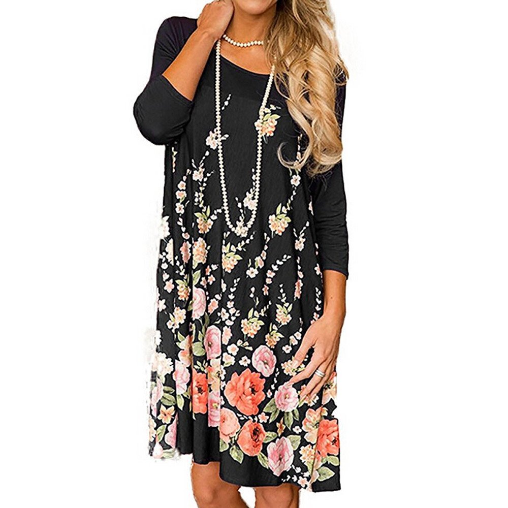 Shakumy Women Floral Print Long Sleeve Crew Neck T Shirts Dress Casual Loose Sundress Tunic Tops Dress Boho Mini Short Dress