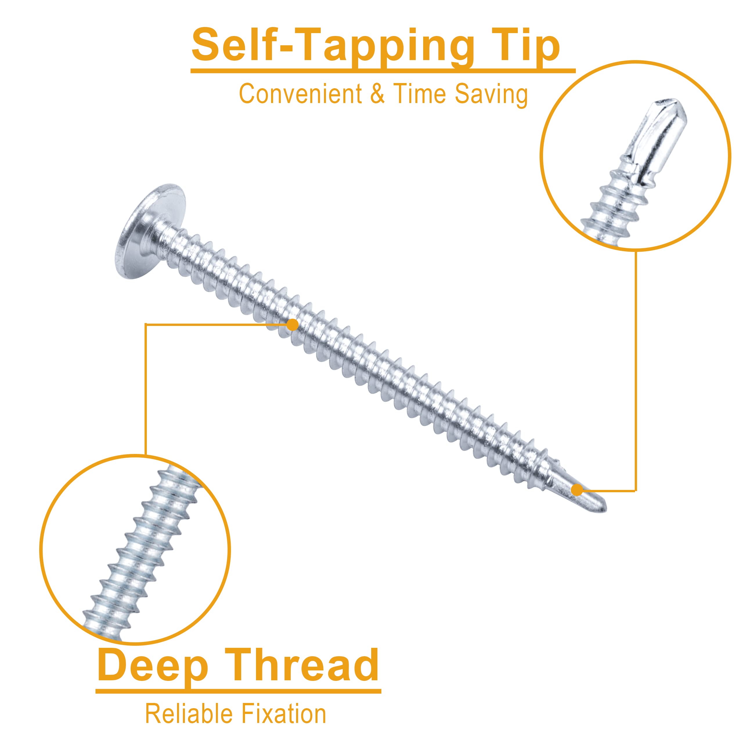 KURUI Self Tapping Screws for Metal Assortment Kit, 350PCs #8 Galvanized Phillips Sheet Metal Screws, Carbon Steel Truss Head Self Drilling Screws for Metal in 5 Sizes (1/2, 3/4, 1-1/4, 1in, 2in)