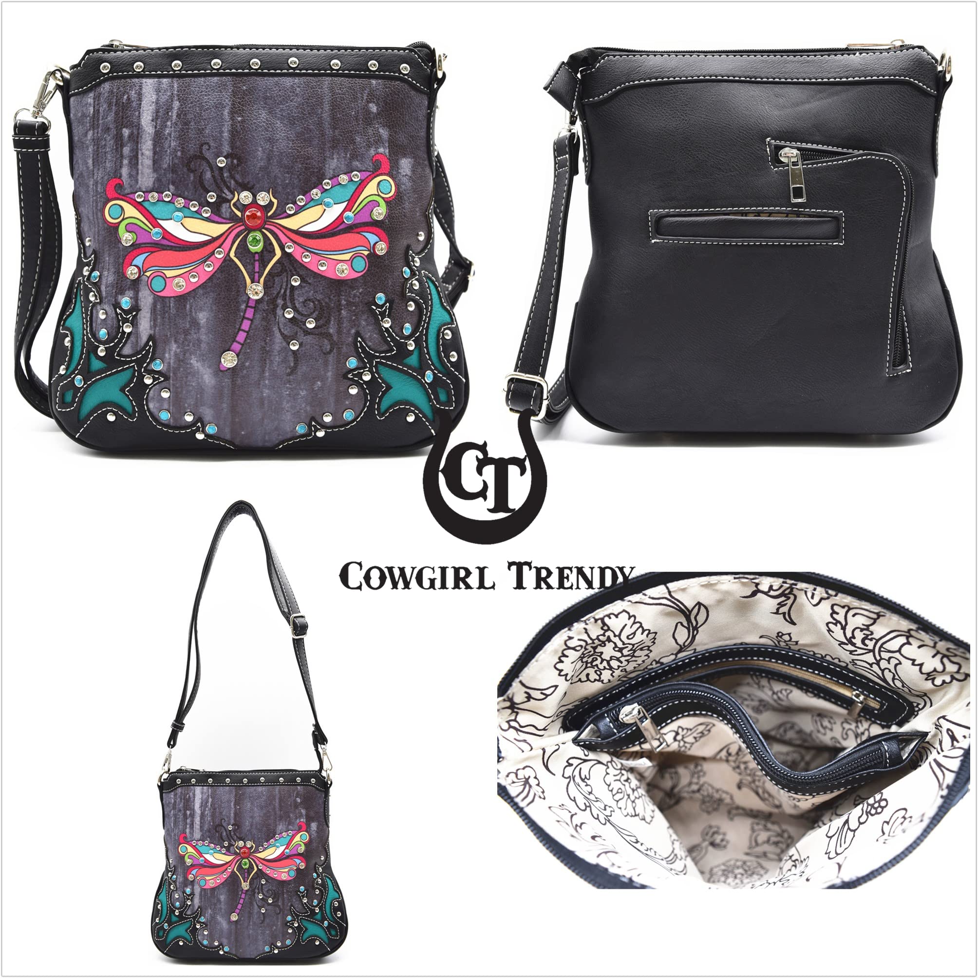 Colorful Dragonfly Western Spring Purse Country Handbag Women Shoulder Bag Crossbody Wallet Set Black