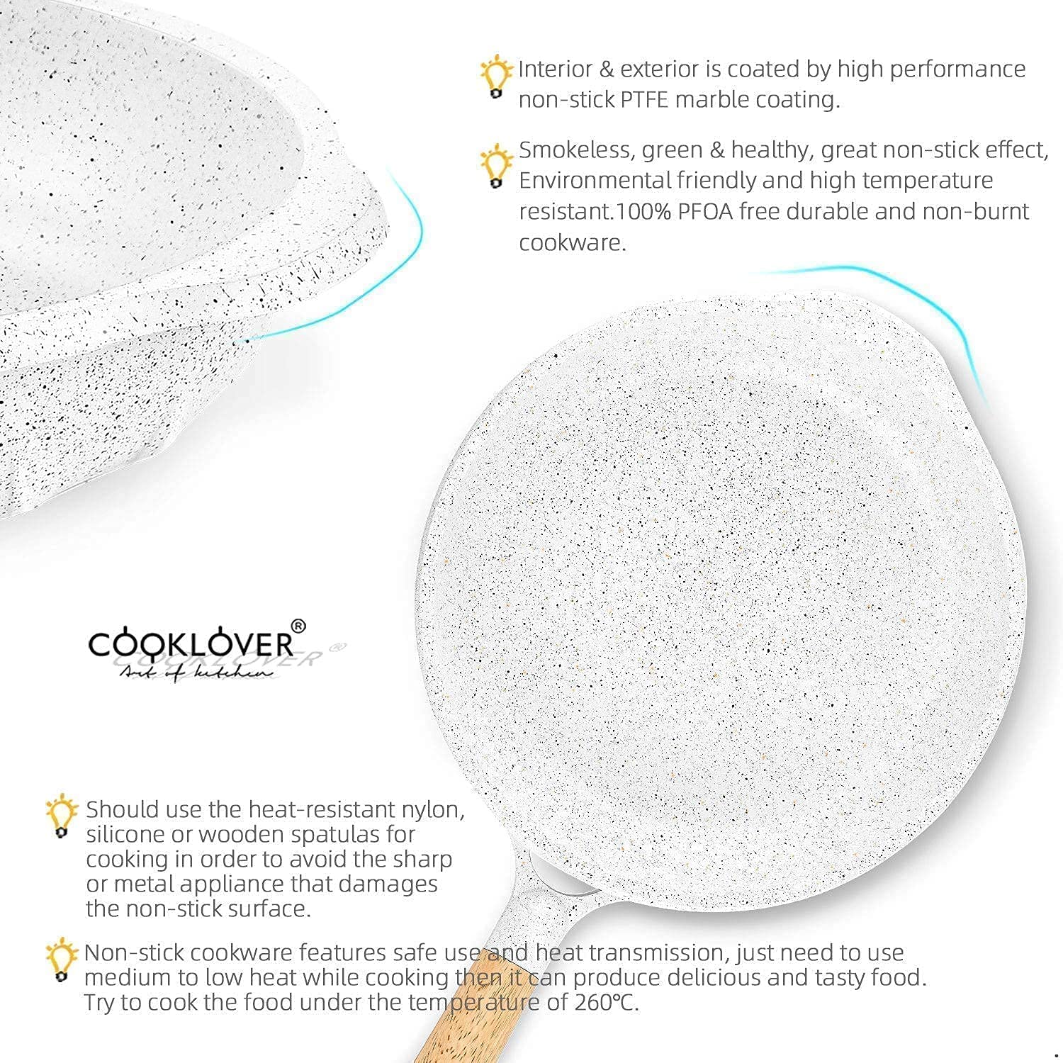 COOKLOVER Nonstick Frying Pan Induction Sauté Pan with Lid - 9.5 inch- White + Nonstick Frying Pan - 11inch- White