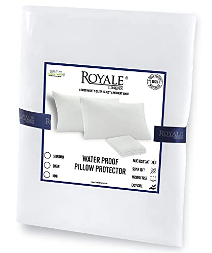 Royale Linens Waterproof Queen Pillow Protector 2 Pack - 20x30 Inches - Pillow Encasement - 100% Microfiber - Zippered Closure - Pillow Case - Smooth & Breathable (Queen, Pack of 2, White)