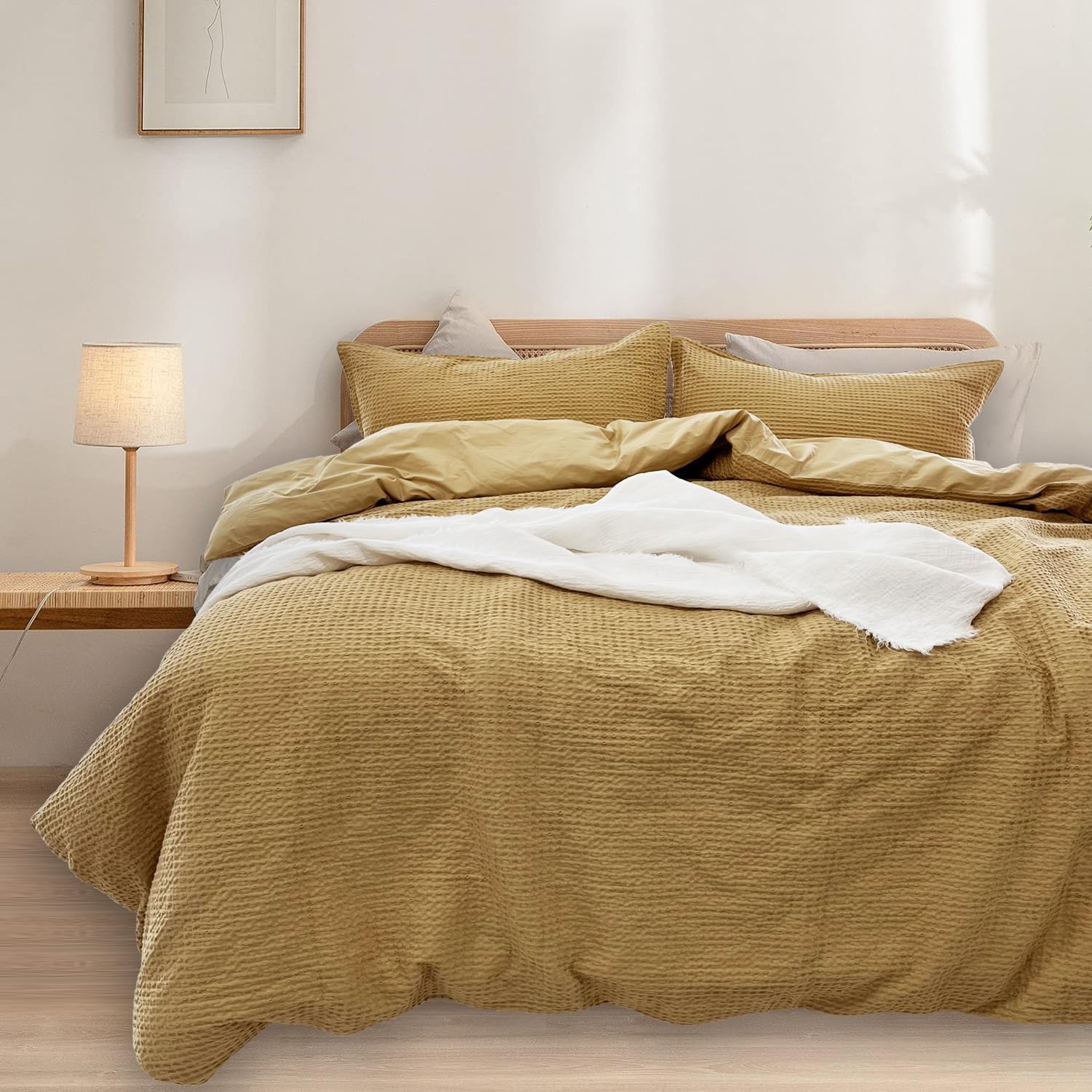 Fredesign Cotton Duvet Cover Queen Size - 100% Cotton Waffle Weave Yellow Duvet Cover Set, 3 Pieces, 1 Duvet Cover with Botton Closure (90" x 90") and 2 Pillow Shams - Comforter Not Included