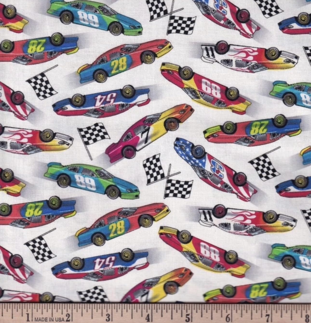 Generic Cotton Fabric Elizabeth's Studio in Motion Tossed Race Cars 673White Fabric by The Yard