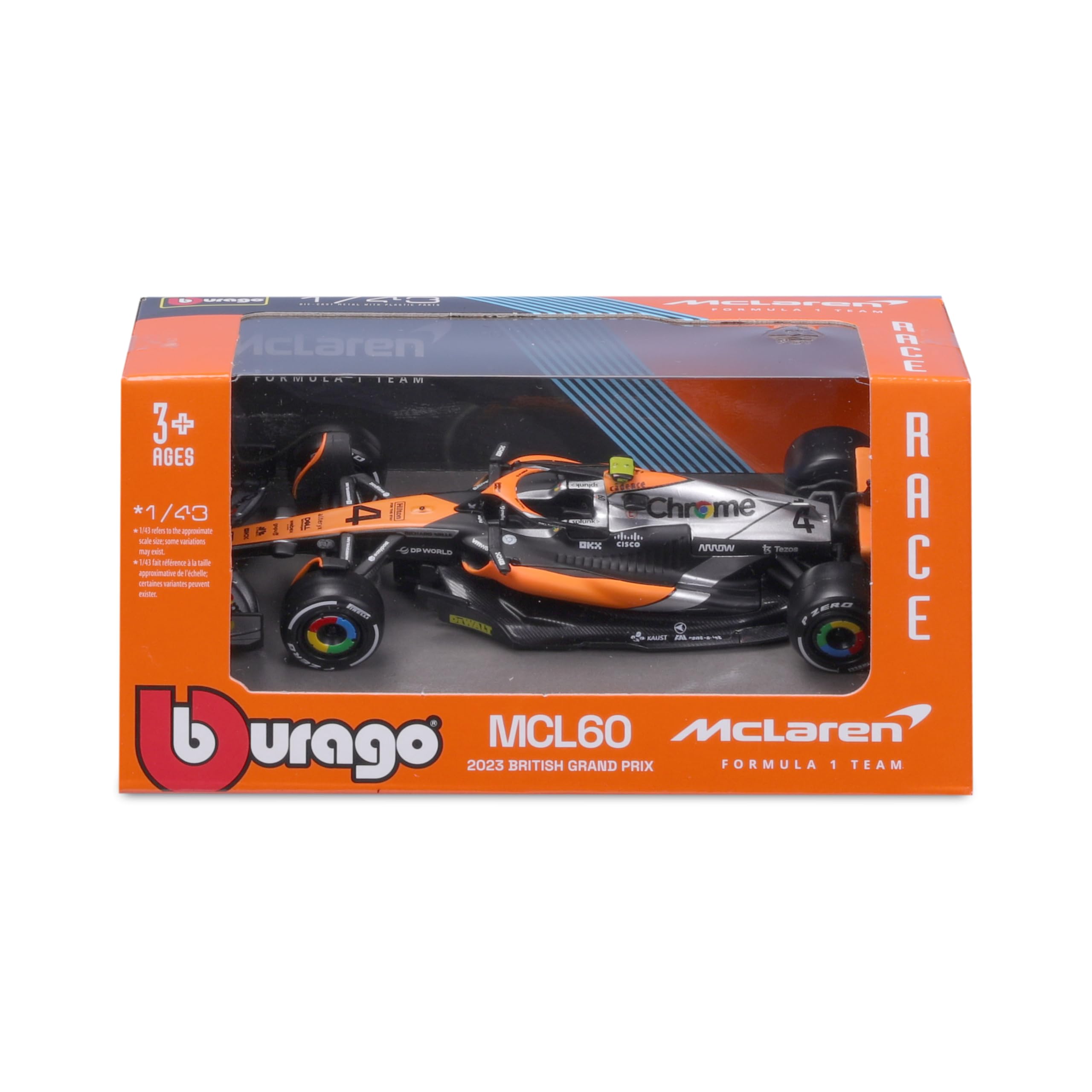 F1 McLAREN MCL60 2023 BRITISH GP - Formula 1 - LANDO NORRIS 4 - Scale 1:43 12 cm - BBurago 38087, Orange Black