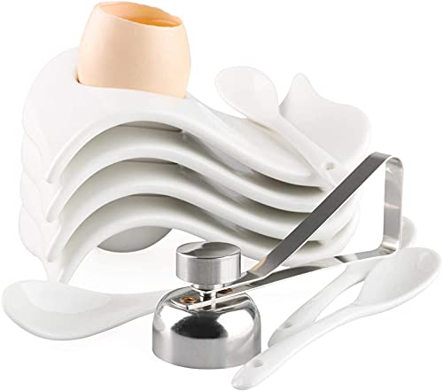Ceramic Egg Cups Holder Porcelain Egg Cup for Soft Boiled Eggs with Stainless Steel Egg Cracker Topper Cutter 4 Egg Spoons Egg Cups Stand Plates Set (9)