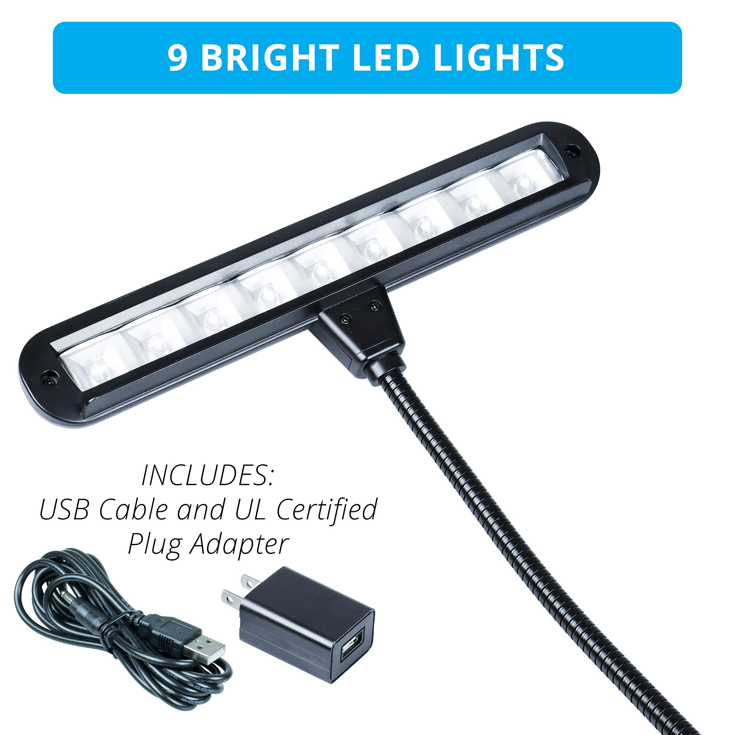 Music Stand Light - Book Light for Reading in Bed β Clip on Portable LED Light - Reading Light - Clamp Light for Violin, Piano, DJ, Desk & More β USB, AA battery operated (Batteries Not Included)