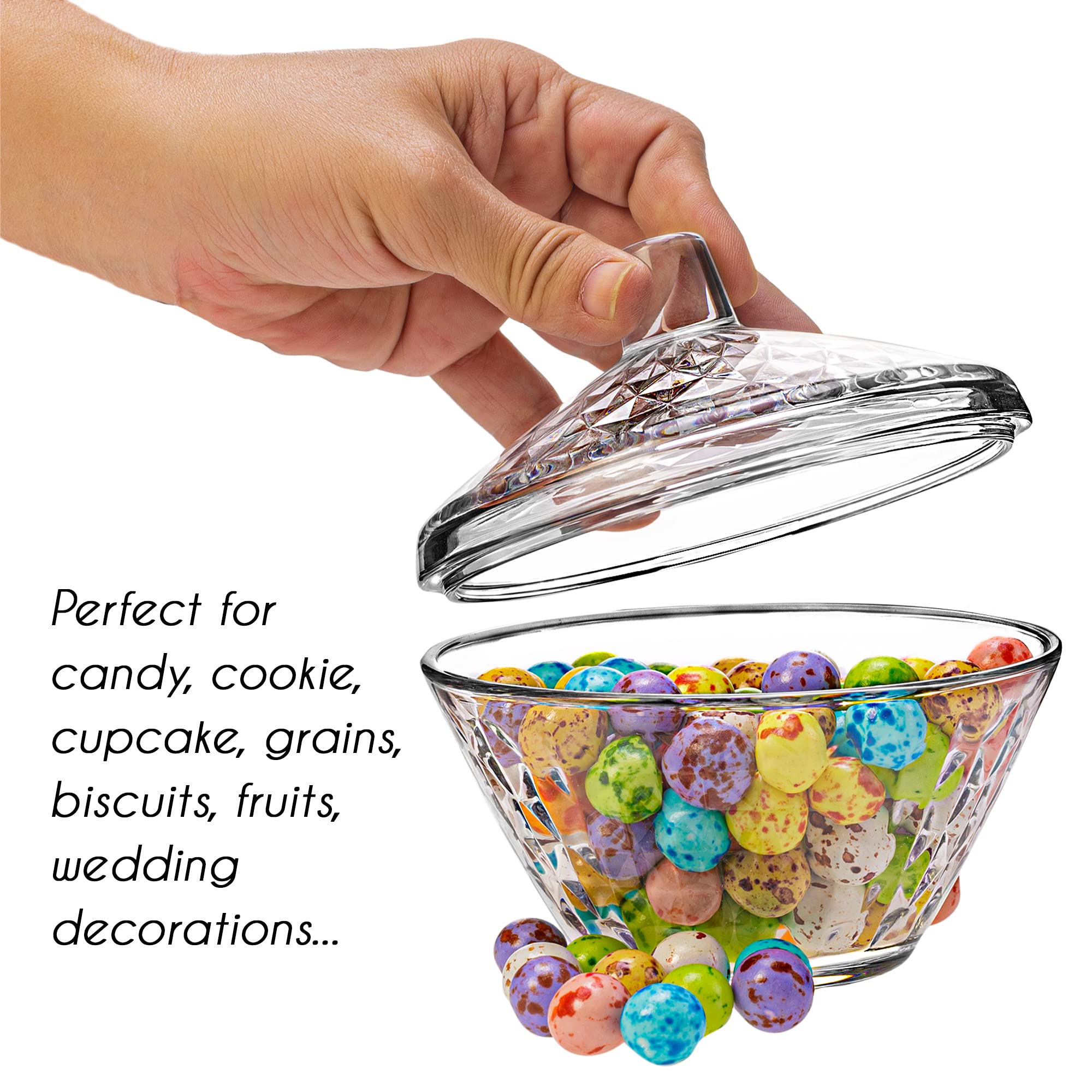 Crystalia Decorative Glass Candy Jar with Lid, Crystal Cut Small Candy Dish for Office Desk or Home, Cute Glass Sweet Cookie Container, Elegant Candy Service Buffet, Glass Sugar Canister