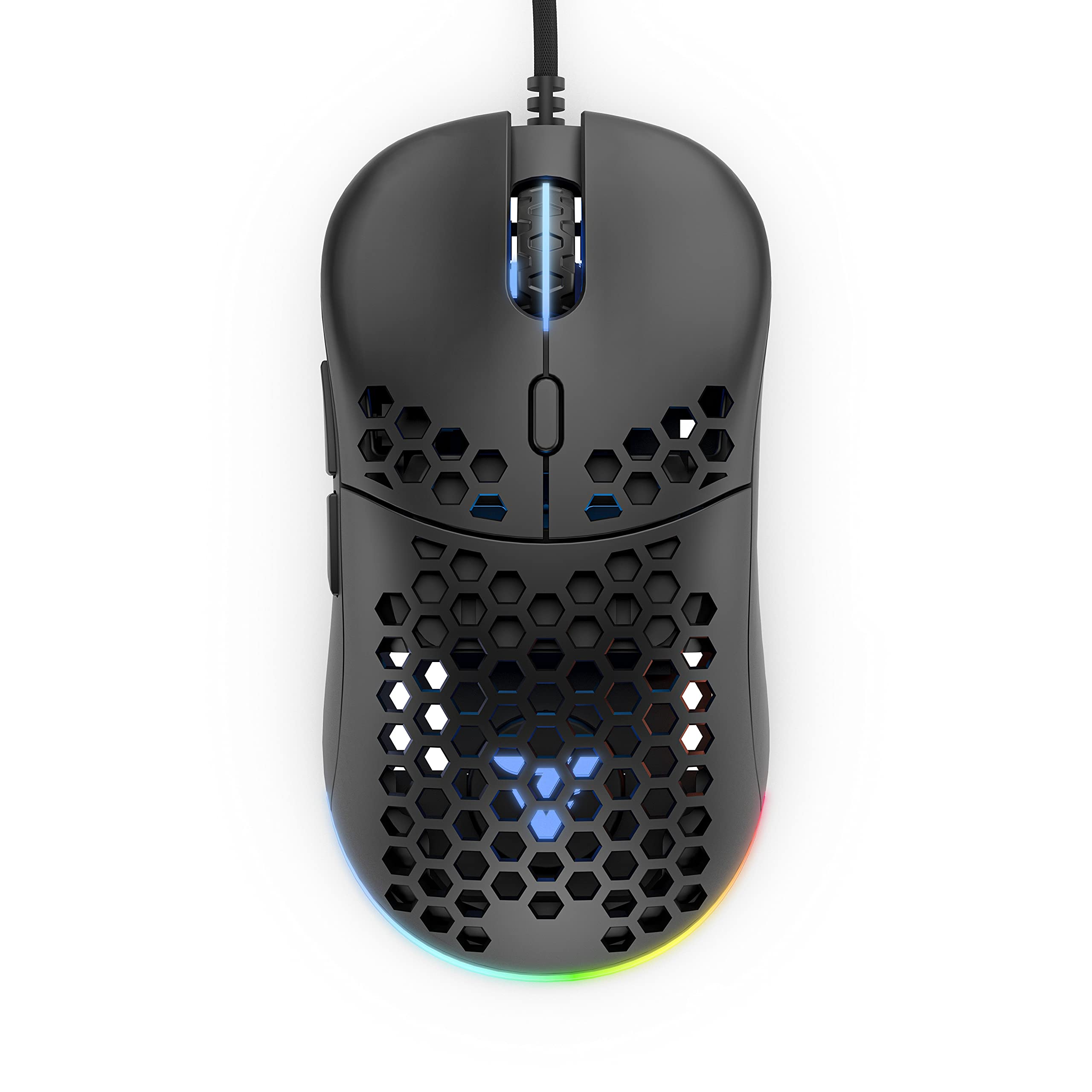 Rukario Ronin X PC Gaming Mouse (Shadow Black, Wired) - Ultra Lightweight Symmetrical Honeycomb Shell | RGB Led | PTFE Glides | Pixart 3360 Sensor | 6 Buttons | Weight 63G | Adjustable Settings