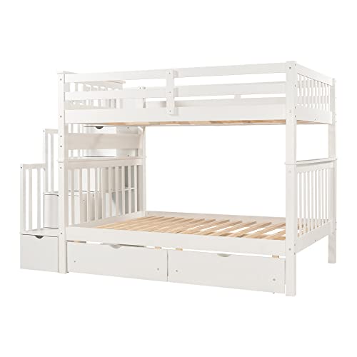 Harper & Bright Designs Full Over Full Bunk Beds with Storage Drawers and Stairway, Wood Bunk Bed Frame, Convertible Bunk Bed for Kids, Teens, Bedroom, Guest Room Furniture (White)