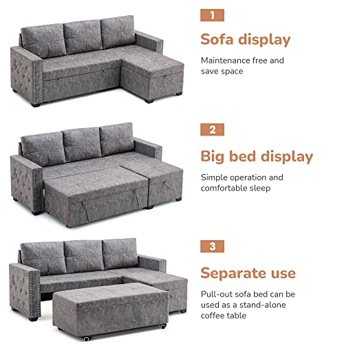 Merax 84" Pull-Out Sleeper Sofa Bed with USB Port,L-Shaped Storage Corner Sofa Bed with Storage Chaise Lounge, 3-Seater Upholstered Sofa Couch with Nail Head Trim