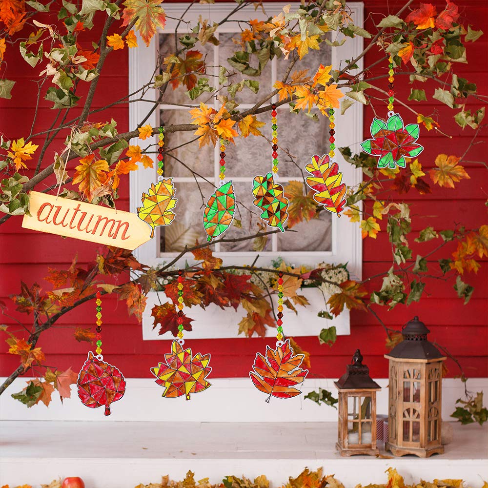 Winlyn 24 Sets Fall Leaf Suncatchers Ornaments Decorations DIY Window Paint Art Suncatchers Craft Kits Autumn Maple Leaf Sun Catchers for Kids Classroom Thanksgiving Harvest Party Art Project