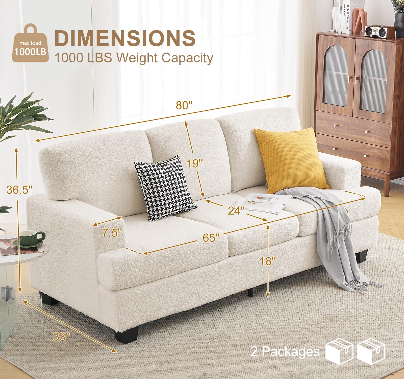 ELUCHANG 80" Deep Seat Sofa Couches for Living Room, 3 Seater Sofa Teddy Cloud Sofa Modern Sofa Couch with Removable Cushion&Detachable Cover, Comfy Sofa for Small Space, Apartment, White, Set of 1