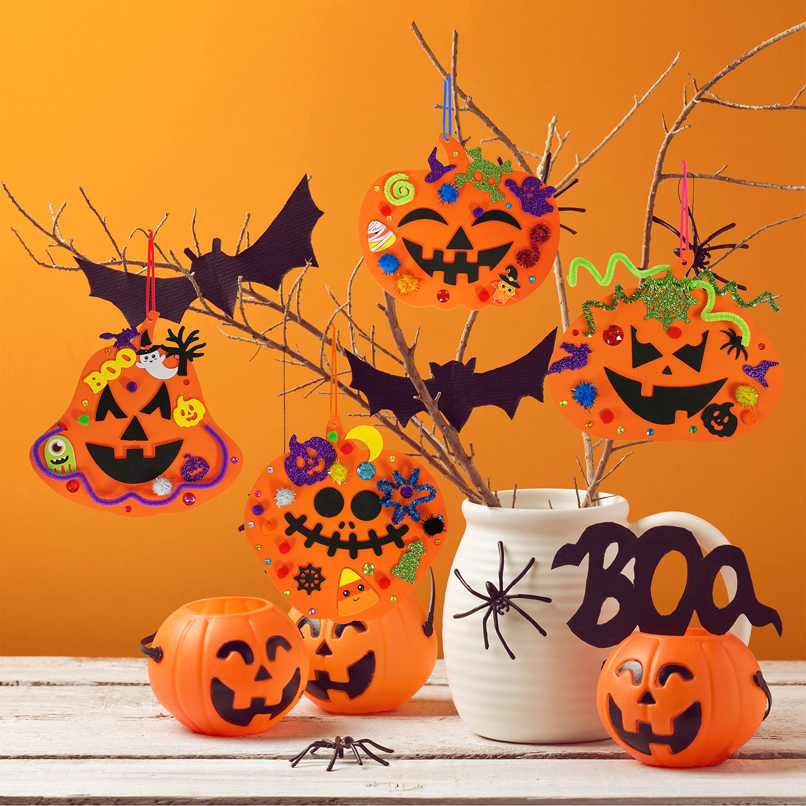 Winlyn 30 Kits Fall Halloween Pumpkin Decorations DIY Pumpkin Craft Kits Foam Pumpkin Shapes with Halloween Stickers Jack-O'-Lantern Face Stickers for Kids Gift Favors Art Project Classroom Activity