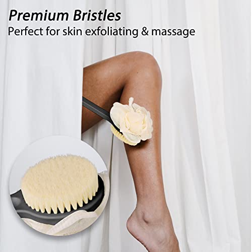 IMAVO Shower Body Brush,Dual-sided Bath Brush with Bristles and Loofah,Long Handle Back Scrubber for Shower,Anti Slip Back Washer for Skin Exfoliating,Suitable for Wet or Dry Brushing(Black)