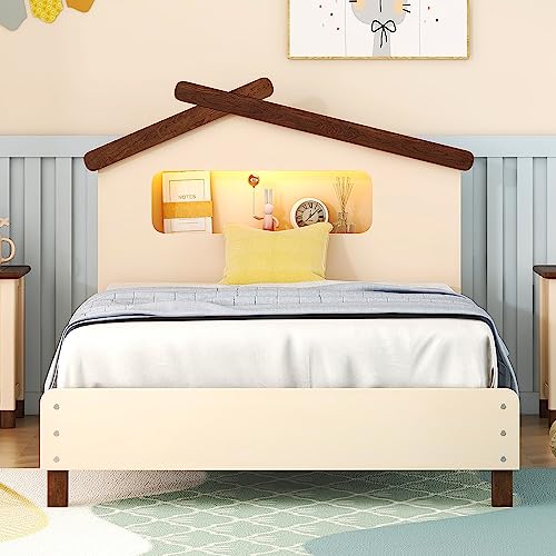 Harper & Bright Designs Twin Bed Frames with House-Shaped Headboard, Wooden Kids Twin Platform Bed Frame with Motion Activated Night Lights, Cute Single Twin Bed for Girls Boys, Cream+Walnut