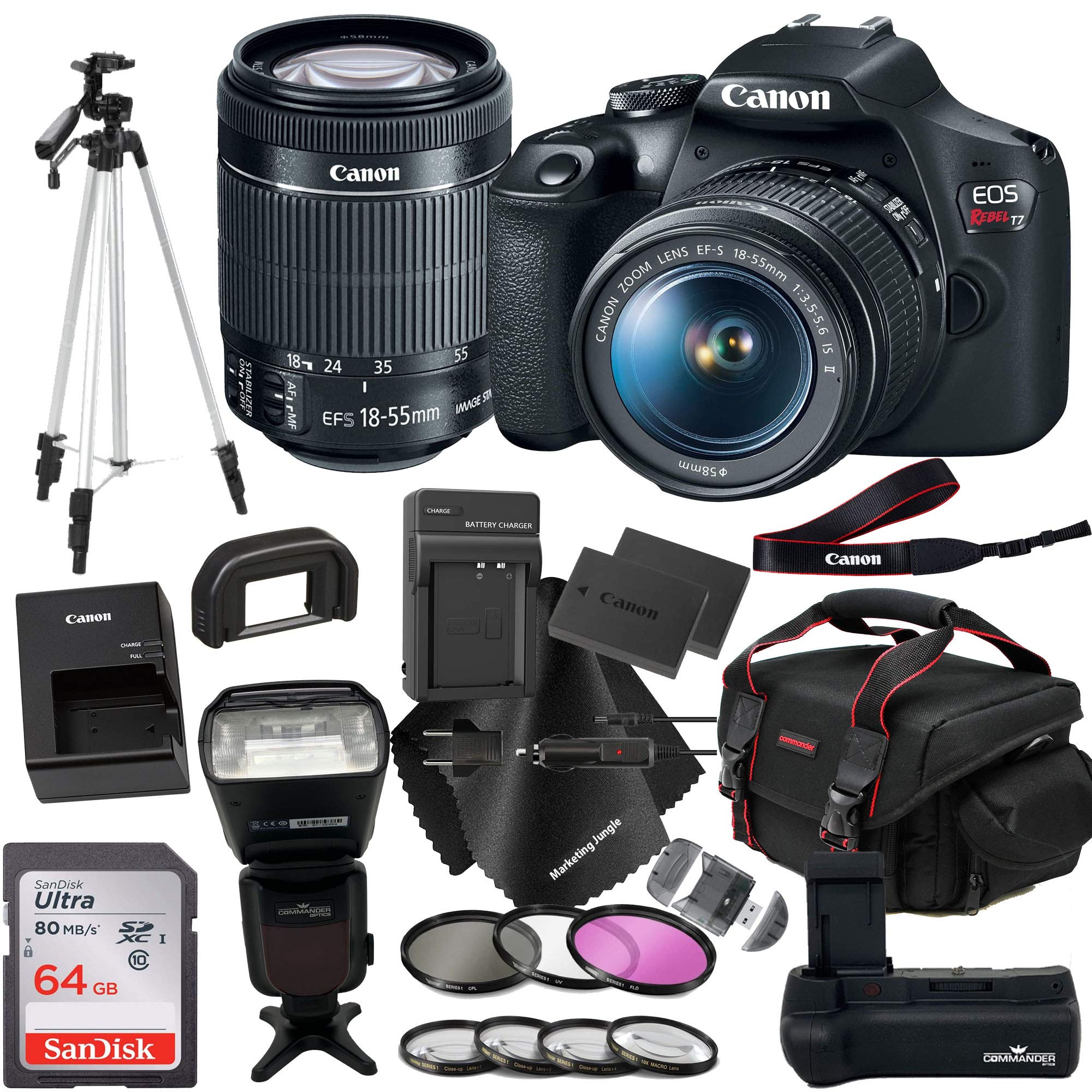 Canon EOS Rebel T7 DSLR Camera with 18-55mm is II Lens & Comprehensive Accessory Bundle: 64GB SD Card, Tripod, TTL Flash, Camera Bag, Extra Battery, Filters, Macro Kit, Battery Grip & More