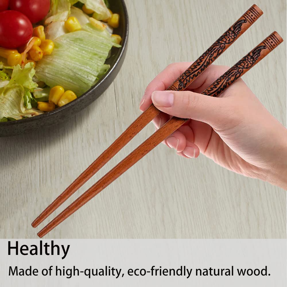 Chopsticks Reusable- Chinese Style Chopsticks, Dragon and Phoenix Chopsticks Set with Holder and Carrying Bag, Natural Wooden Chopstick Gift Set (2 Pairs)
