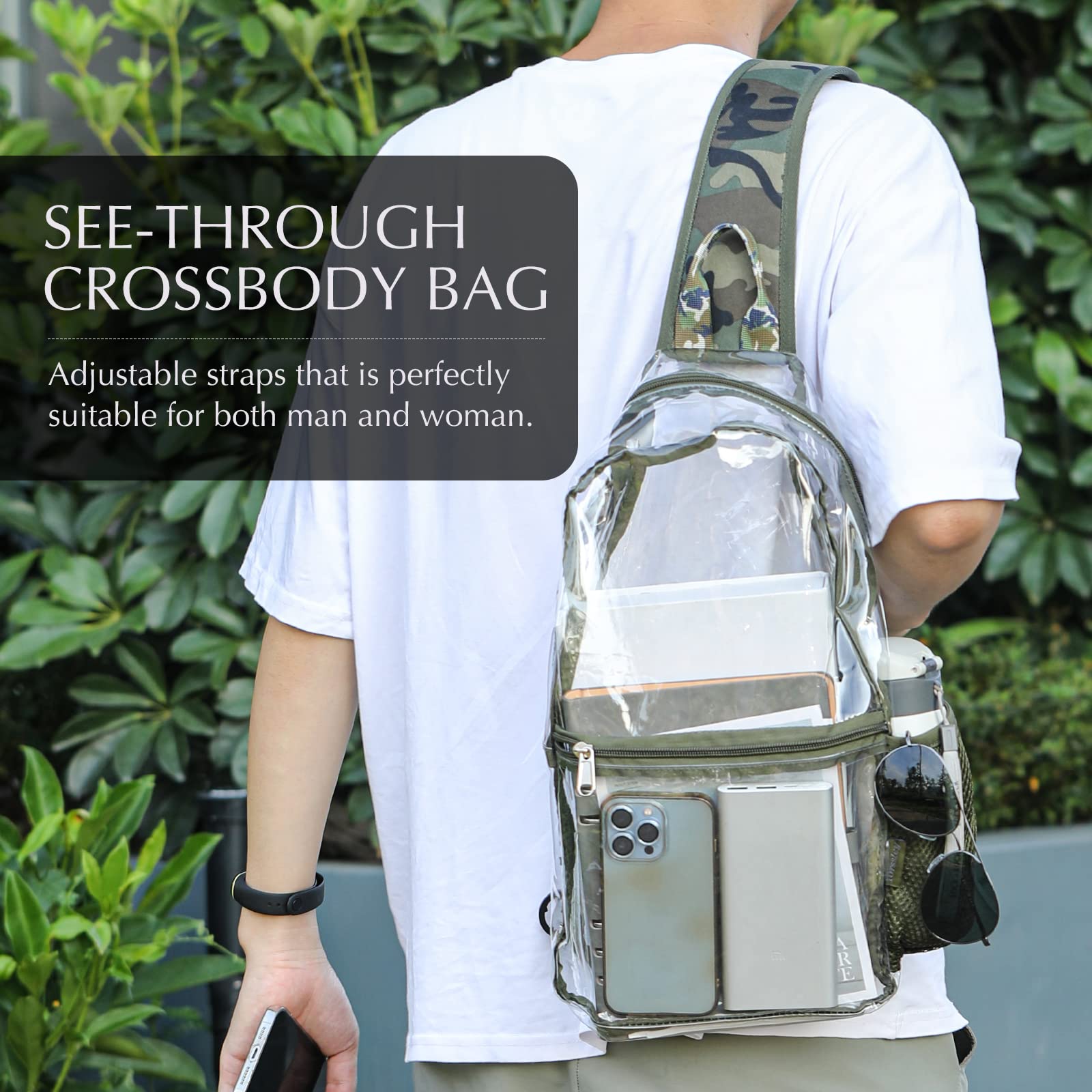 CLEKEGBAG Clear Sling Bag Crossbody Camouflage Backpack - See Through Concert Approved - One Strap Transparent Plastic Sling Bag for Men (15x4.5x9 inches)