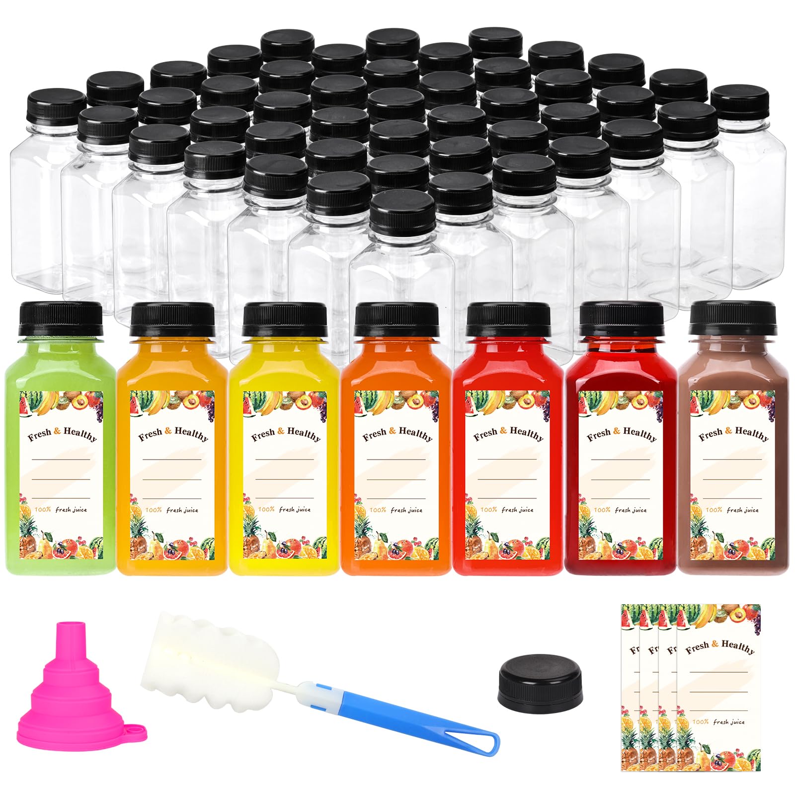 Moretoes 64pcs 8oz Juice Bottles, Juice Bottles with Tamper Evident Caps, Reusable Juicing Bottles Bulk for Juice Milk Smoothie and Other Beverages