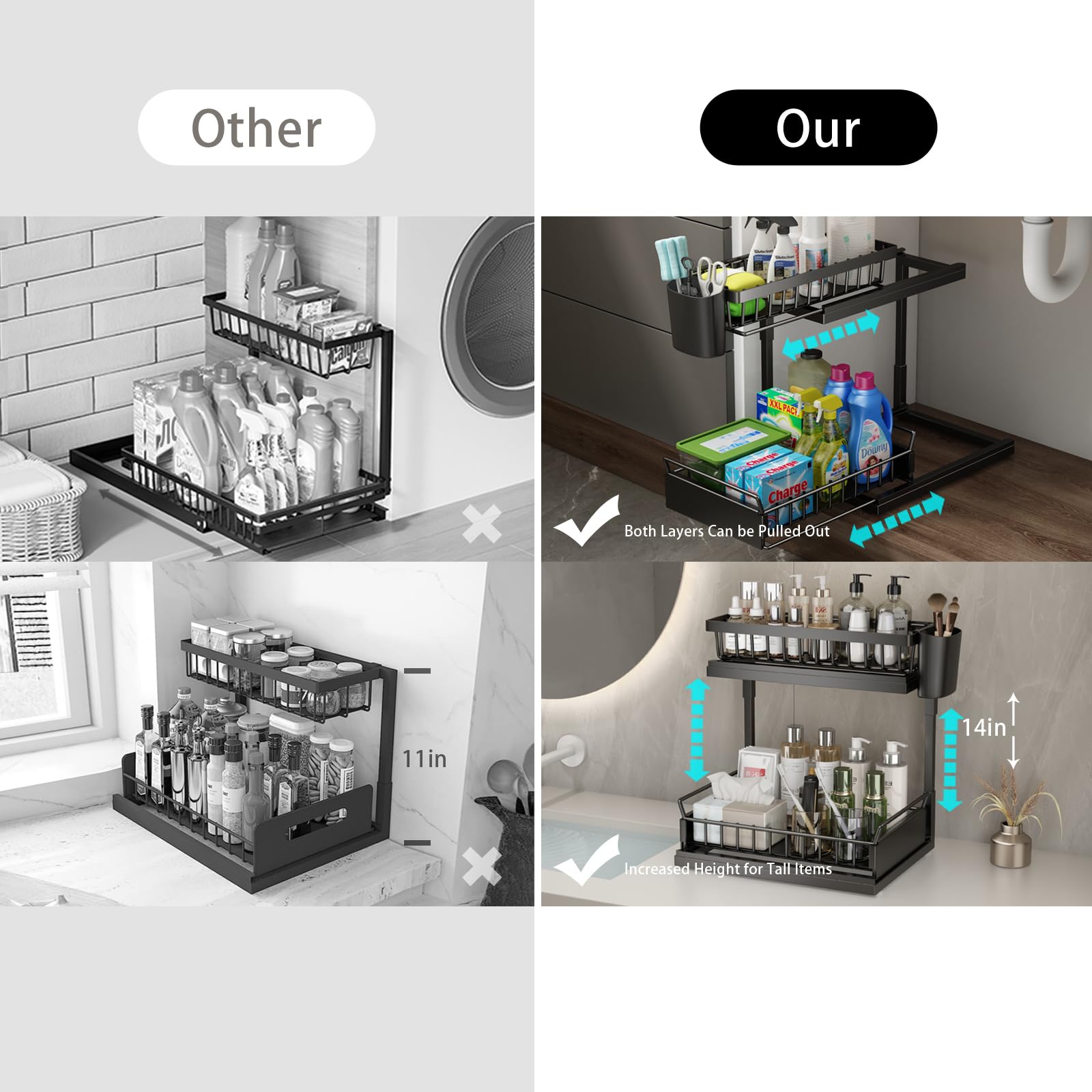 CICUFY Metal Under Sink Organizer,2-Tier Double Sliding Under Sink Storage for kitchen & Bathroom Cabinet-Black
