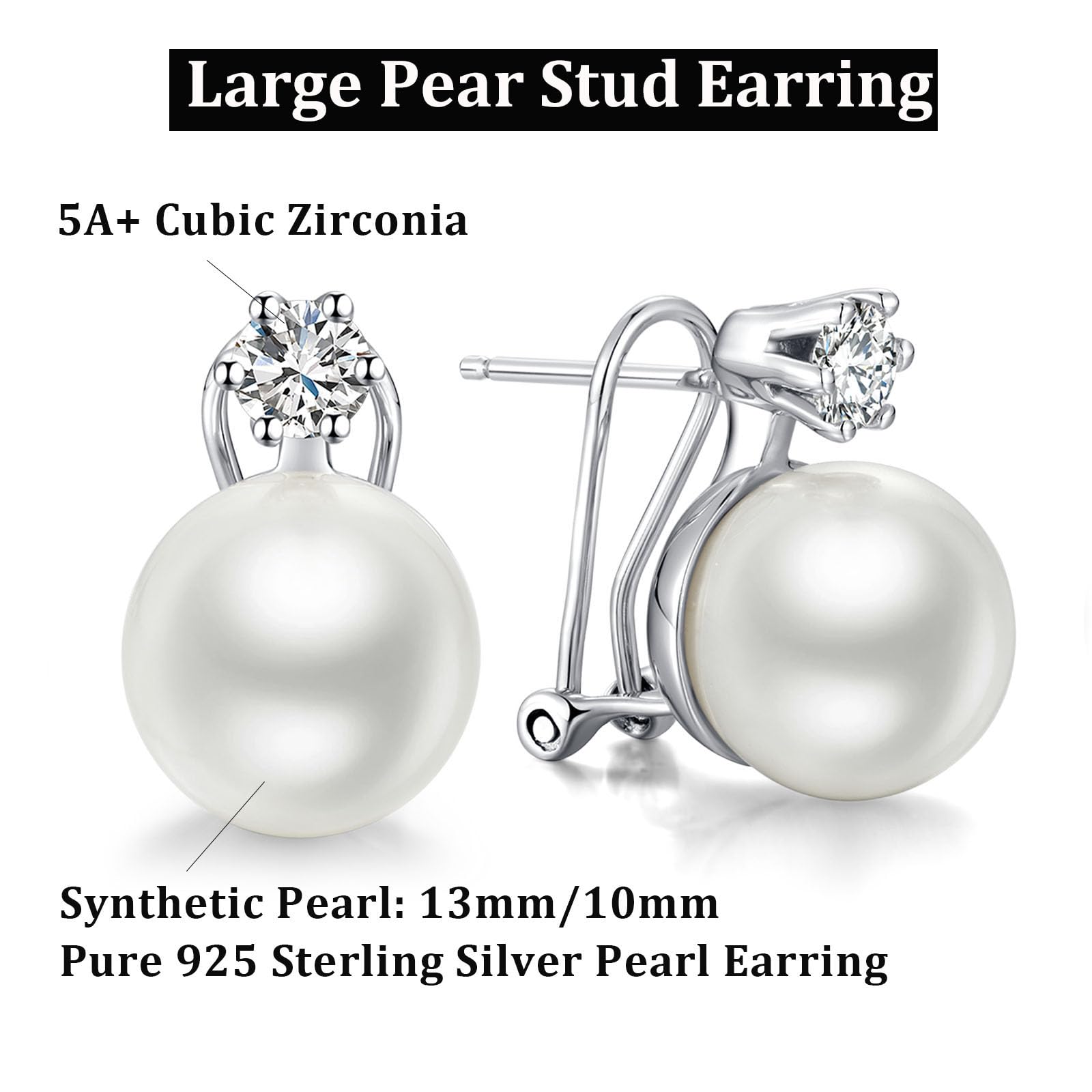 Pearl Stud Earrings Pearl Diamond Earrings for Women Pearl Stud Sterling Silver Pearl Earrings Dangle Silver Pearl Earrings for Women Han han Pearl Earrings Large Pearl Stud with Diamond 13MM