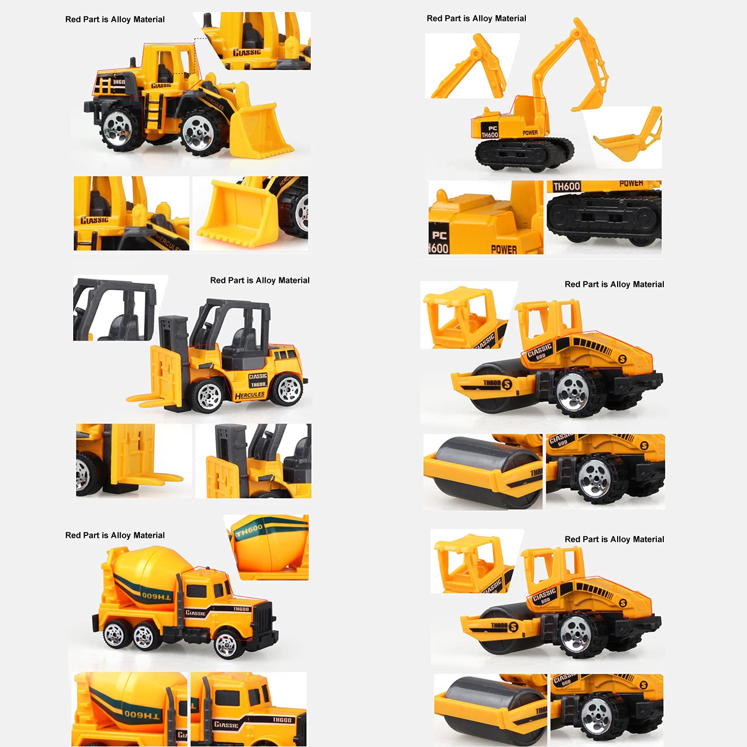 QAPIZM Small Construction Toys, 6Pcs Construction Vehicles Trucks Kids Birthday Gifts Vehicle Toy Toddlers Boys Mini Car Set Die Cast Engineering Excavator Digger Trucks