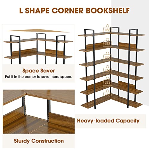 IMGDD 74.8 Inch Bookshelf L-Shape MDF Boards Stainless Steel Frame Corner 6-Tier Shelves Adjustable Foot Pads (Brown)