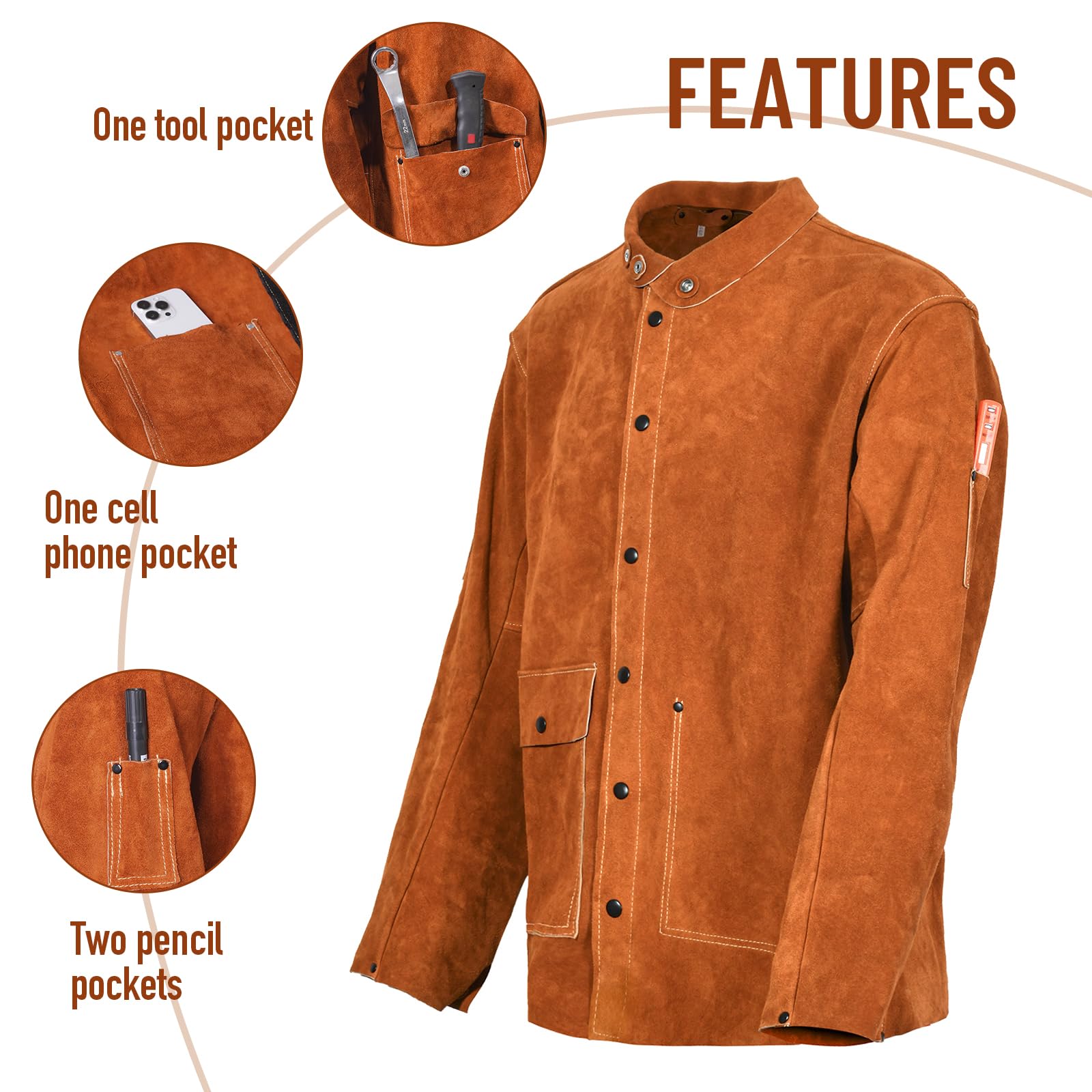 QeeLink Leather Welding Jacket - Flame-Resistant Heavy Duty Work Welder Jackets - Split Cowhide Welding Coat for Men Women (Medium)
