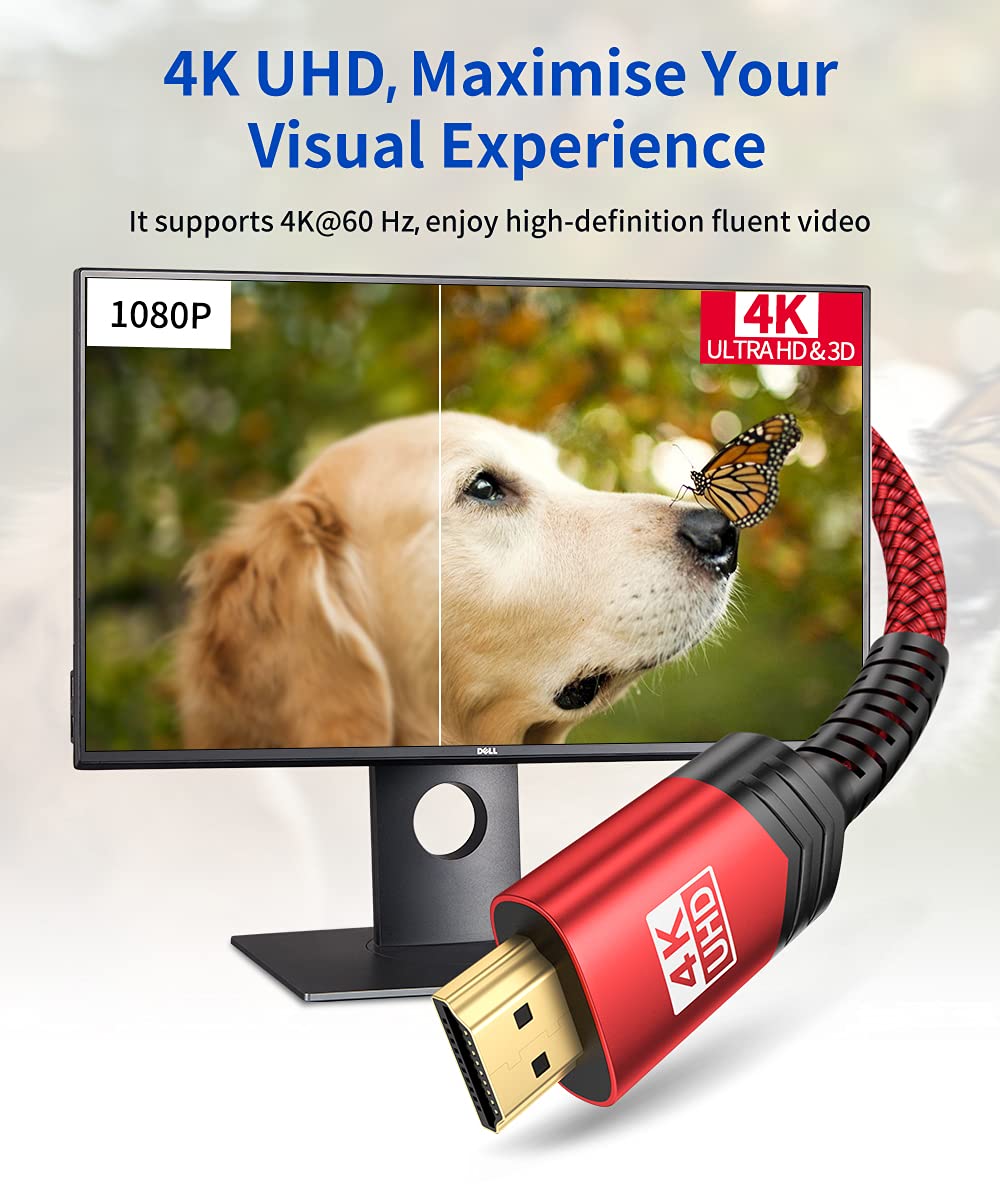 JSAUX 4K Long HDMI Cable 2 Pack 25 ft, 18Gbps High Speed HDMI 2.0 Braided Cord, 4K 60Hz HDR, 2K 1440P 144Hz, 1080p, HDCP 2.2, 3D, ARC, Ethernet Compatible for Monitor Smart TV PC PS5 PS4 Blu-ray -Red