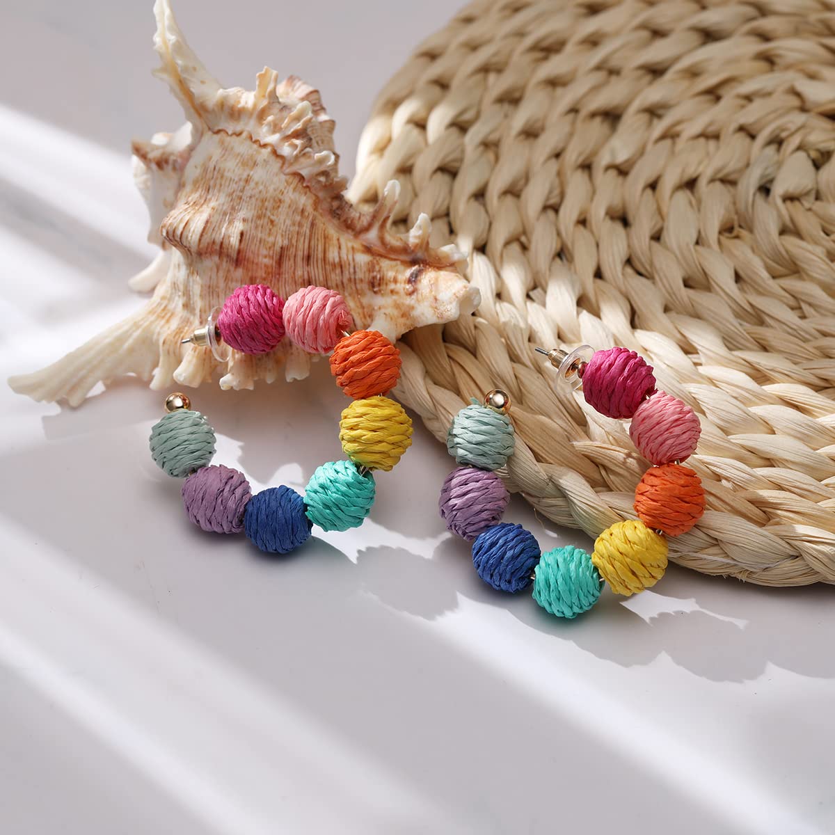 Colorful Statement Raffia Hoop Dangle Earrings for Women - Fun Summer Rattan Beach Vacation Jewelry Teacher Gifts (Colorful)