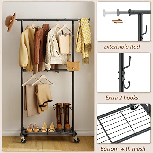 Gewudraw Clothing Garment Rack, Extendable Clothes Rack with Wheels, Bottom Shelves and Hooks, Double Rod Garment Rack Portable Closet Organizer, 64.4 inches