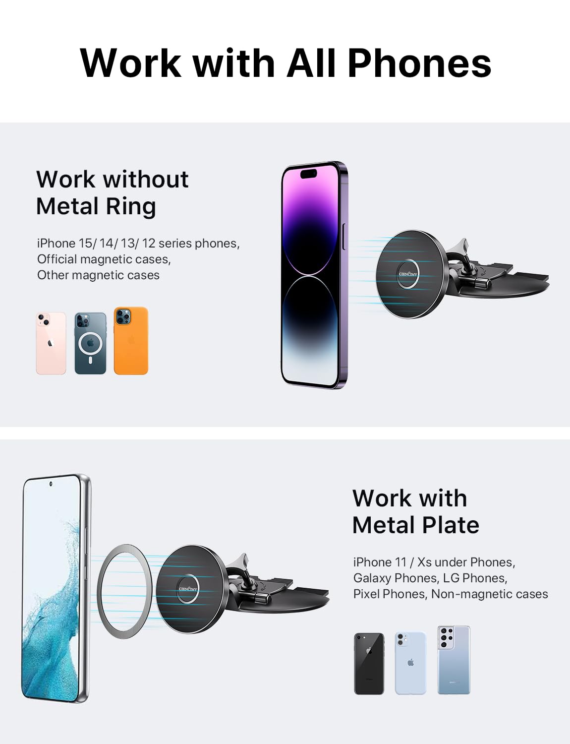 Ciencimy CD Car Mount Compatible with MagSafe iPhone 15 14 13 12 Pro Max Plus, [Built-in Metal Steel] Magnetic CD Slot Phone Holder & [Stable Metal Hook] Car Vent Phone Mount