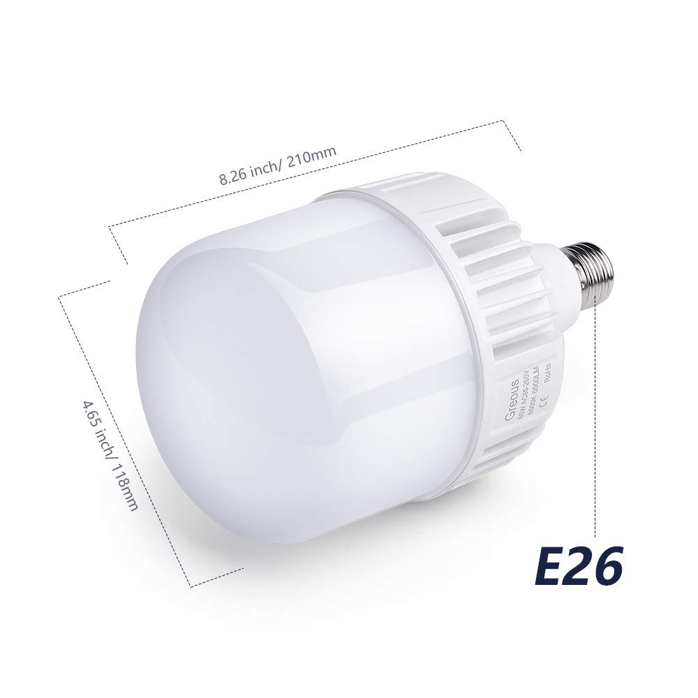 Greous Super Bright 400W-500W Light Bulb Equivalent, 65W LED Bulb 120 Volt Cool White 6500K E26, 6500 Lumens,High Watt Commercial Retrofit LED Bulbs for Yard Garage Factory Warehouse Workshop