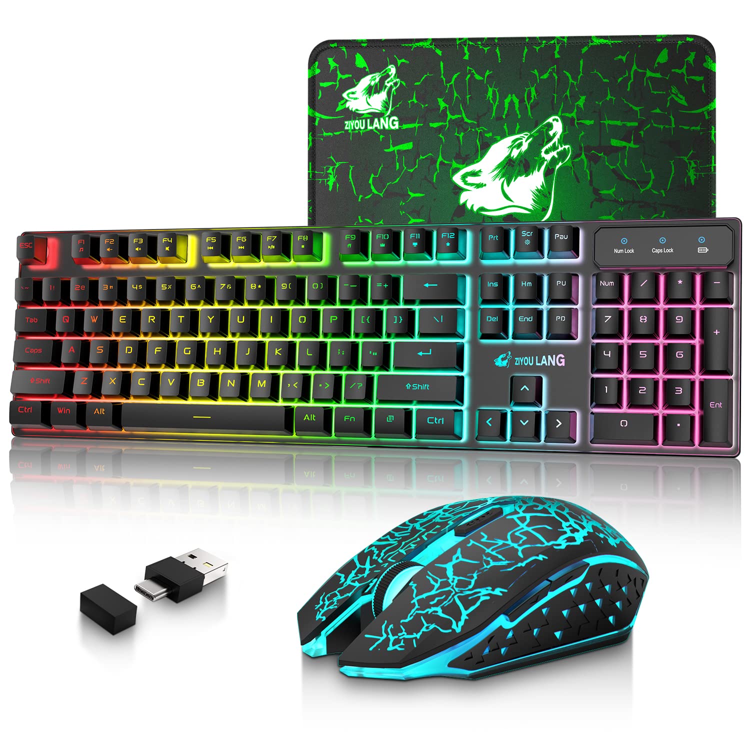 Wireless Gaming Keyboard and Mouse,Rechargeable Orange Backlit Keyboard Mouse with 3800mAh Battery,Mechanical Feel Gaming Keyboard,7 Color Gaming Mute Mouse,Gaming Mouse Pad for PC Gamer