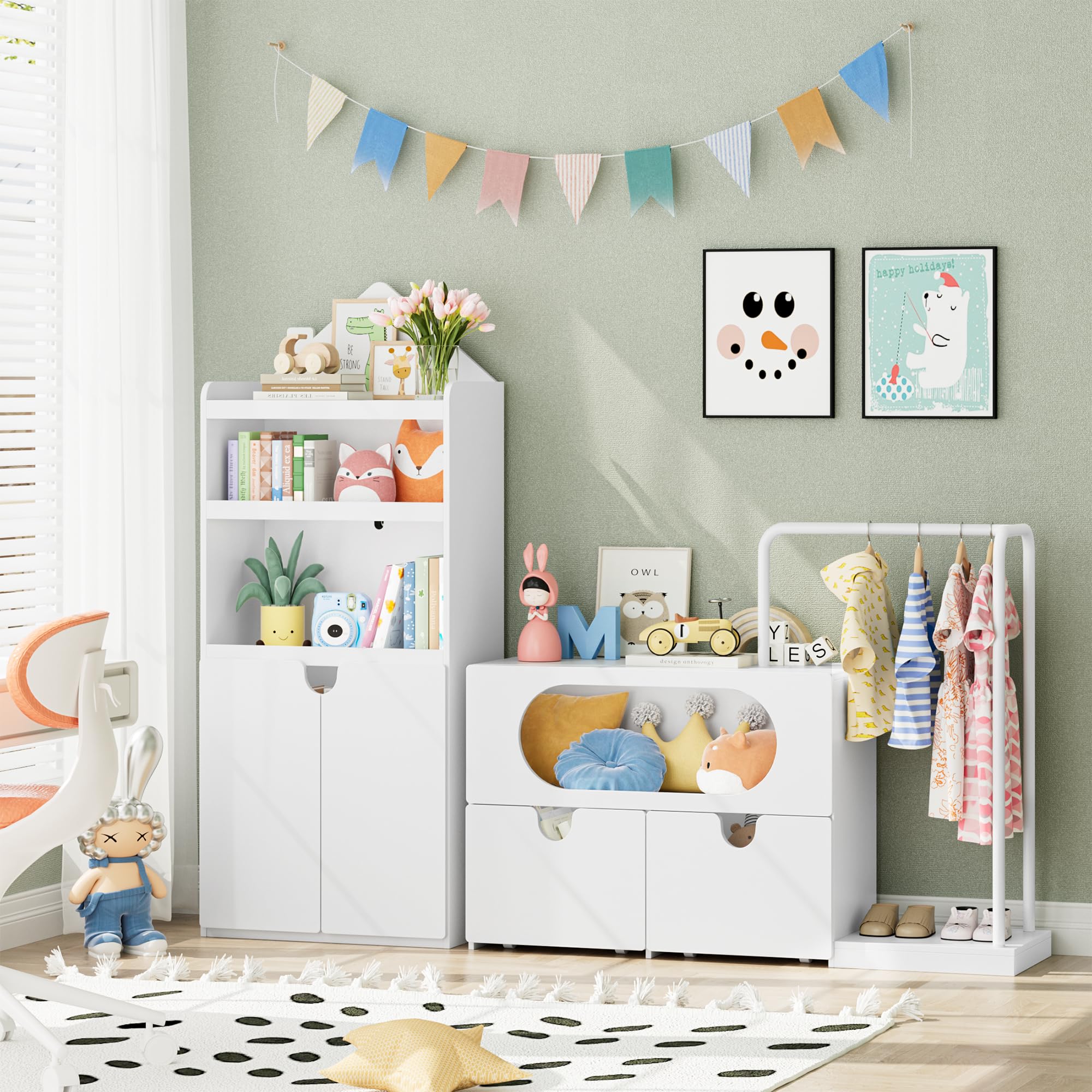 FACBOTALL Toy Storage Organizer with Clothes Rail, Combination Type Kids Bookshelf and Bookcase with Two Toy Box with Wheels, Toddler Bookshelf for Playroom, Bedroom, Nursery, Living Room, White