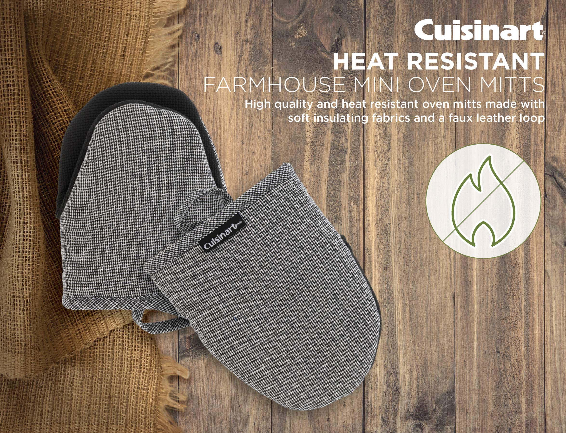 Cuisinart Farmhouse Neoprene Mini Oven Mitts, 2pk - Heat Resistant Pot Holders to Protect Hands with Non-Slip Grip and Hanging Loop - Ideal for Handling Hot Cookware - Micro Houndstooth