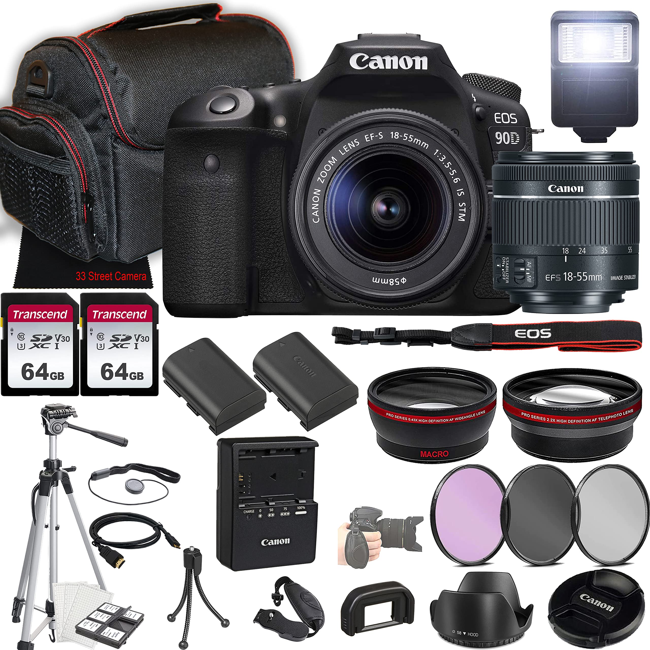 Canon EOS Rebel 90D DSLR Camera w/EF-S 18-55mm F/4-5.6 is STM Lens + 2X 64GB Memory + Case + Filters + Tripod + More (35pc Bundle)