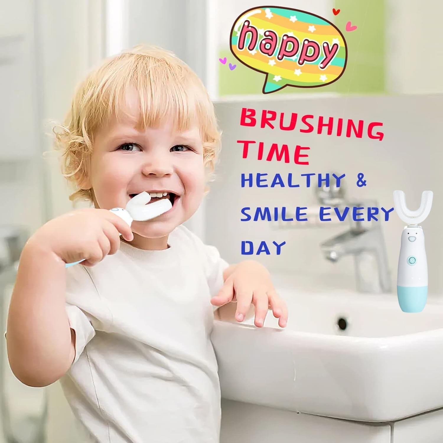 Meqtpomy Kids Electric Toothbrush,6 Cleaning Models Toddler Toothbrush Waterproof Battery Powered 360 Automatic Sonic u Shaped Toothbrushes for 2-7 Years Old for Boys Girls(Blue)