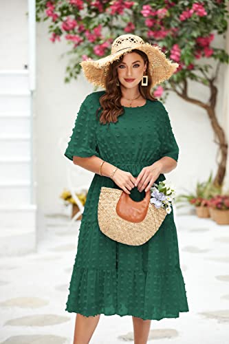 IN'VOLAND Womens Chiffon Elegant Plus Size Dresses Swiss Dot Babydoll Short Sleeve Party Midi Dress Dark Green