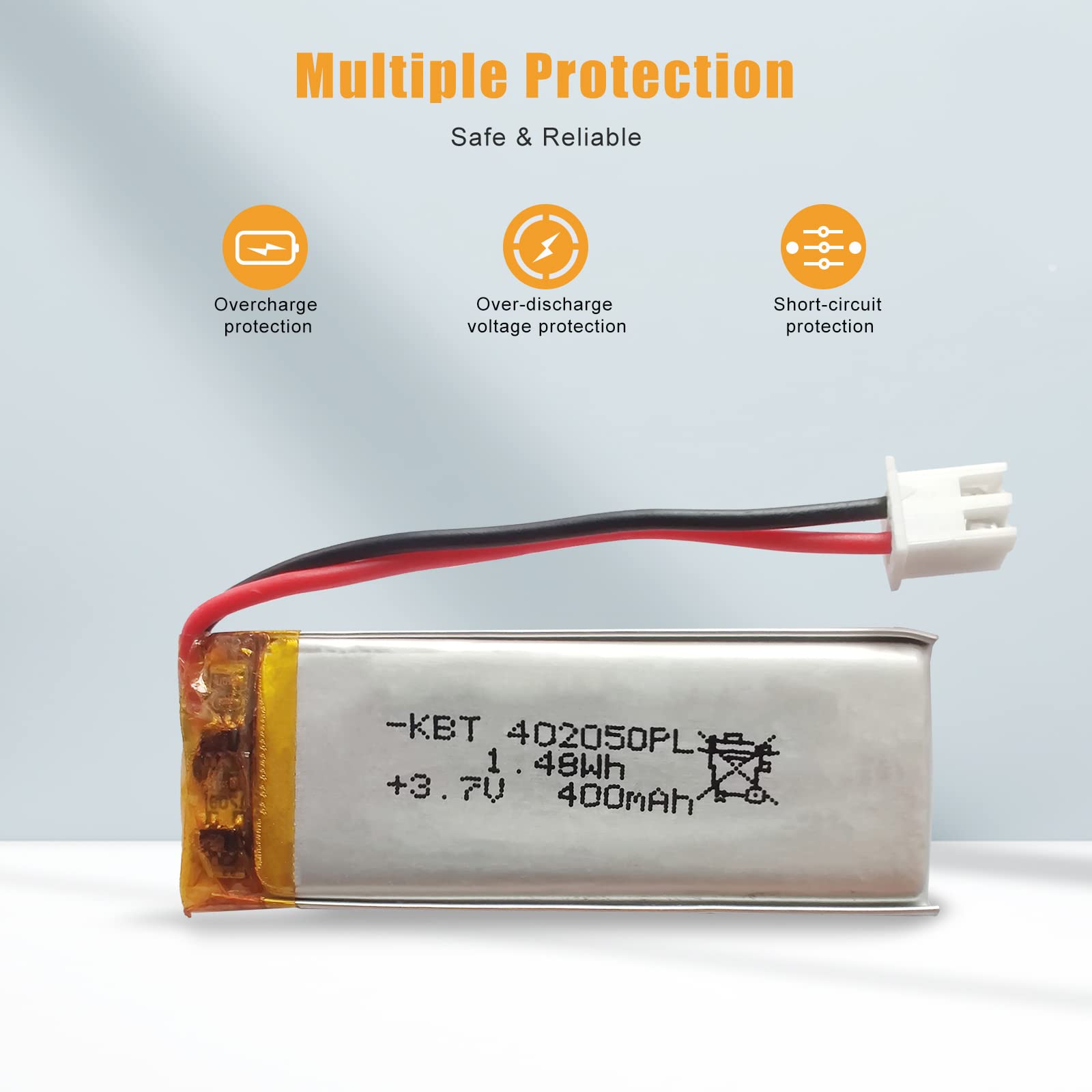 KBT 3.7V 400mAh Li-Polymer Battery: 402050 Lipo Rechargeable Lithium-ion Replacement Batteries with JST Connector