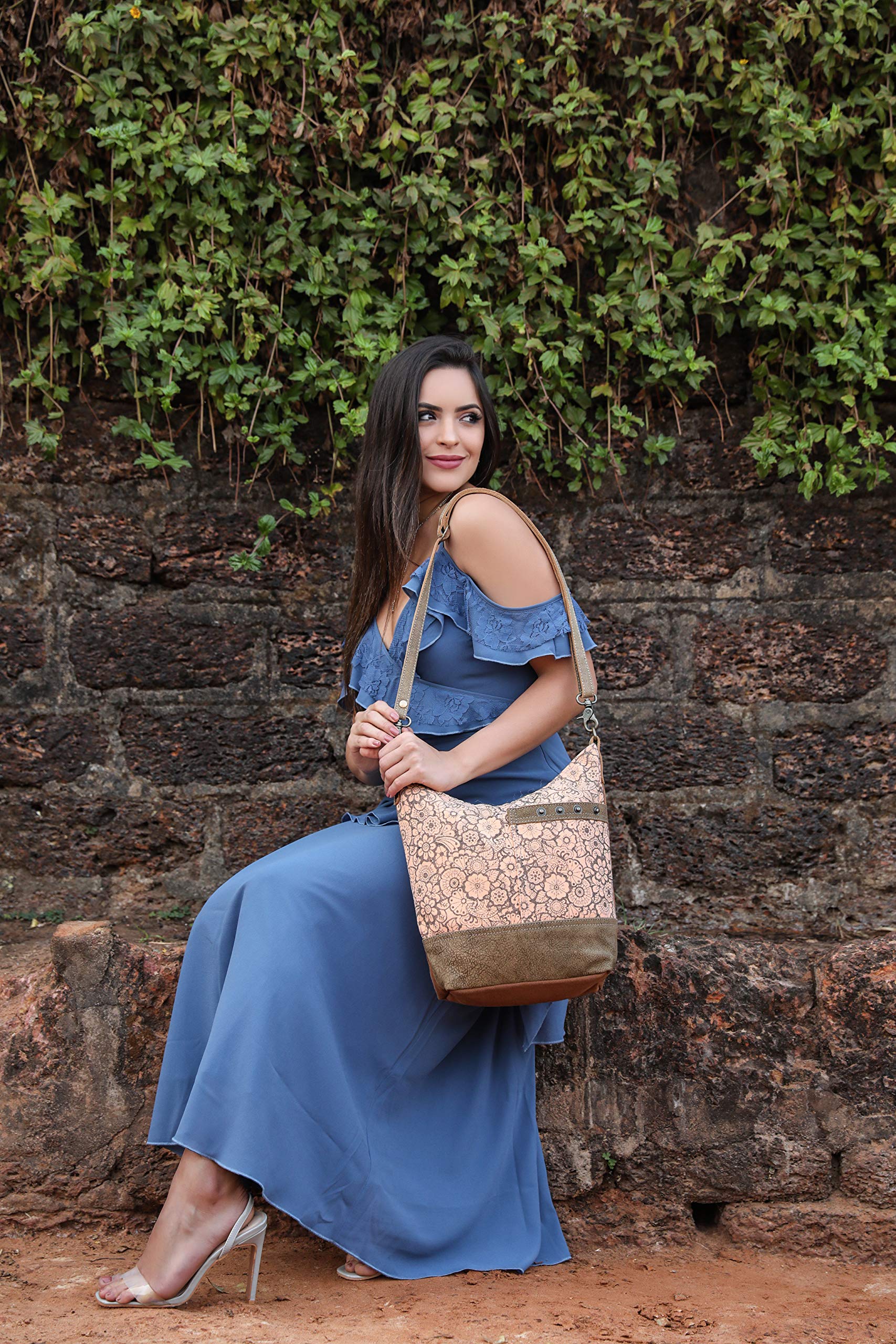 Myra Bag Apricot Upcycled Canvas & Leather Shoulder Bag S-1449