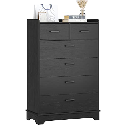 EPHEX Modern Dresser with 6 Drawers, Wood Rustic Tall Chest of Drawers, Black Storage Dressers Organizer for Bedroom, Living Room, Hallway (DDB01)