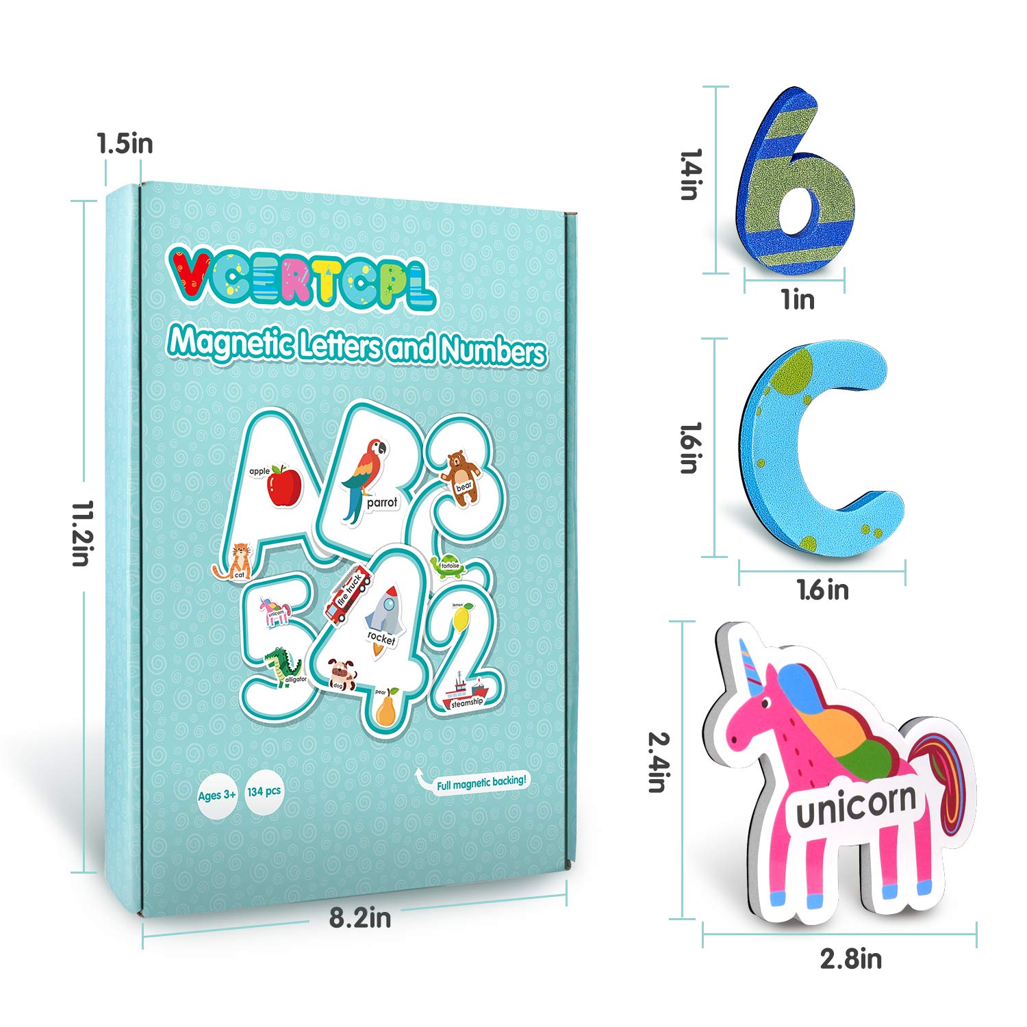 Magnetic Letters and Numbers for Toddlers, Vcertcpl 134pcs Refrigerator Alphabet Magnets for Kids ABC Learning with Animal Vehicle Fruit Patterns, Classroom Supplies Foam Letters Toys for Toddlers 3-7