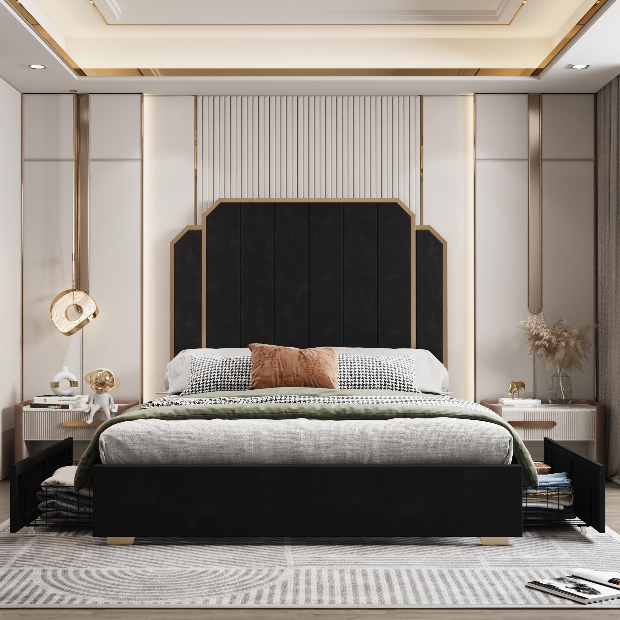 FSTAR Queen Size Bed Frame with Storage Drawers - High Headboard Upholstered Bedframe in Plush Velvet with Gold Accents (Beige Cream, Queen)
