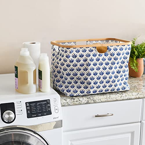 Household Essentials Bamboo Rimmed Krush Basket with Cutout Handles, Blue Cacti