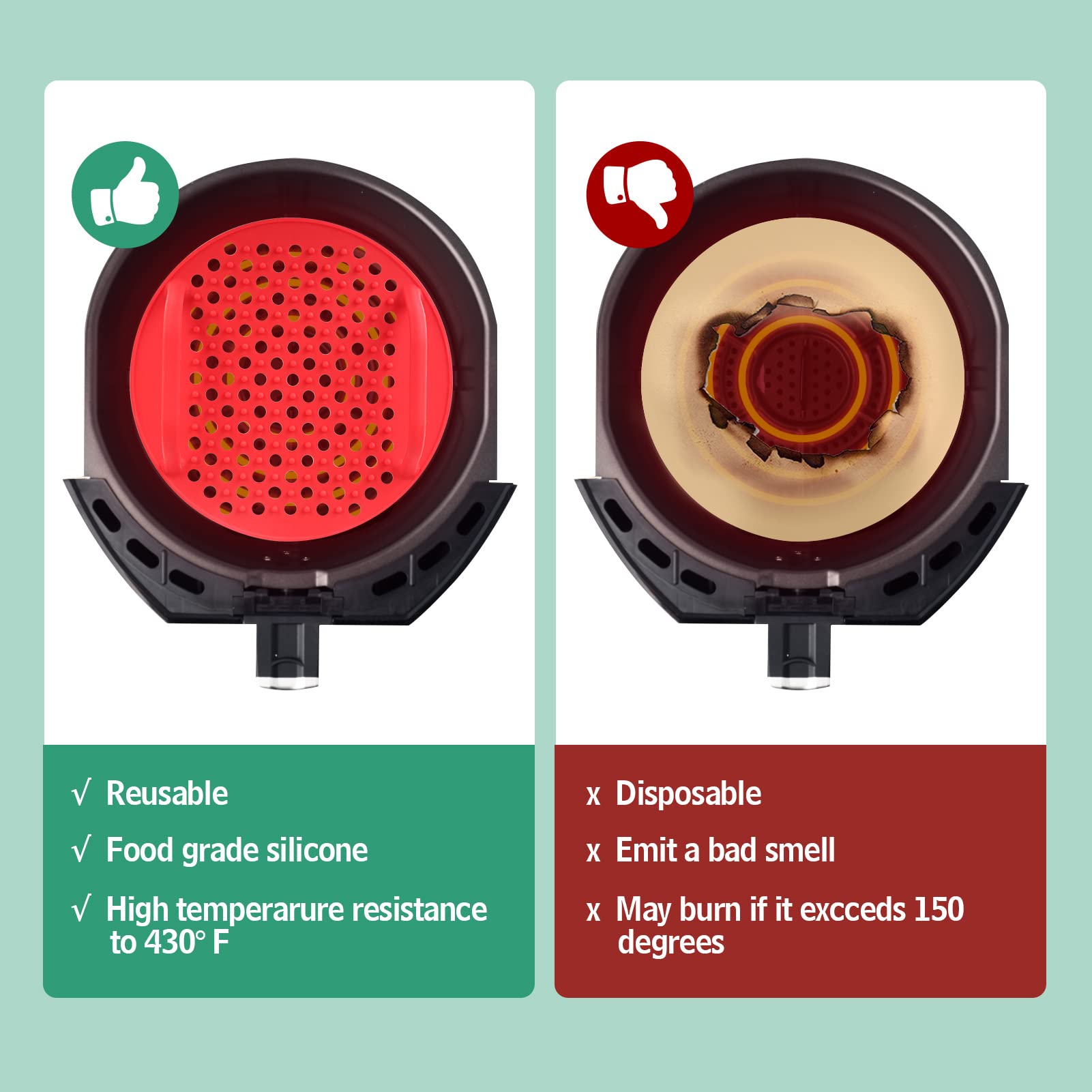 Coolnice air fryer mat - 2 PCS（Small & Large Size）Air fryer silicone liners for counter heat resistant reusable non sticky heat proof pad for kitchen baking accessory cooking utensils (BLACK)