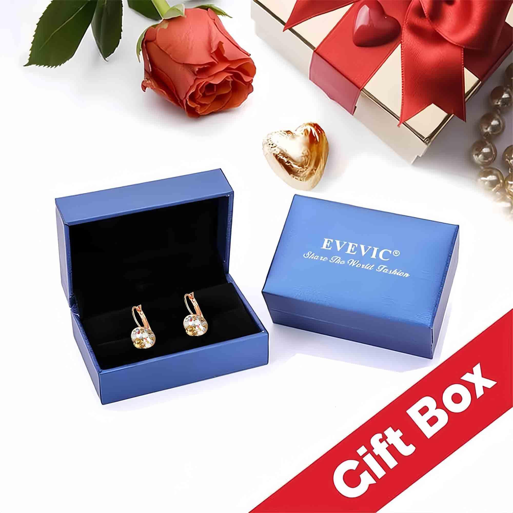 Multicolored Austrian Crystal Drop Earrings for Women 14K Gold Plated Hypoallergenic Leverback Dangle Earrings (Yellow Main Crystal/Rose Gold-tone)